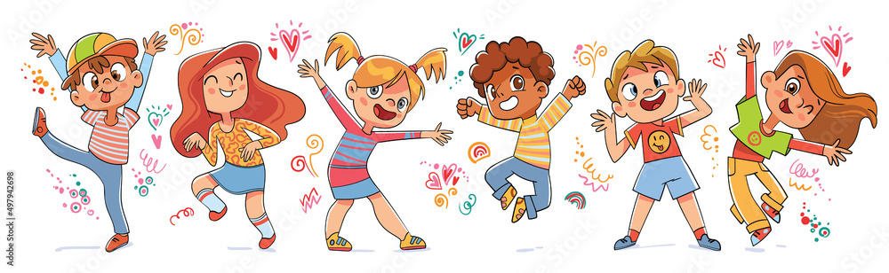 Jumping, grimacing and dancing children. Colorful cartoon characters ...