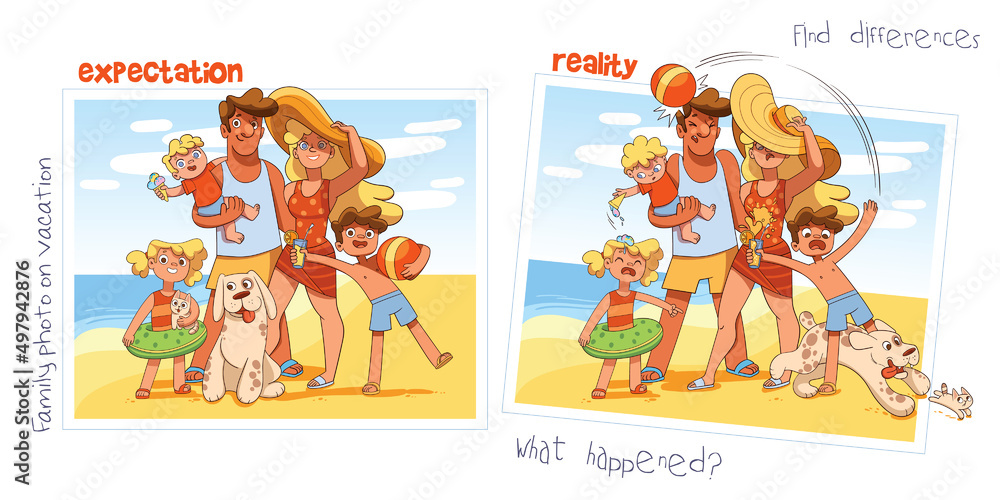 Expectation Reality. Find 10 differences. Family photo on holiday. What ...