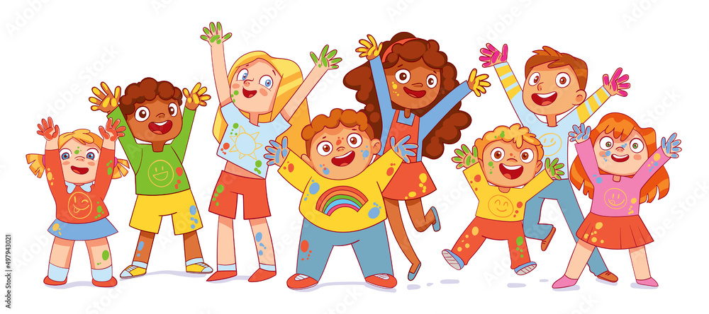 Kids hands up in colorful paint. Group of multi ethnic friends ...