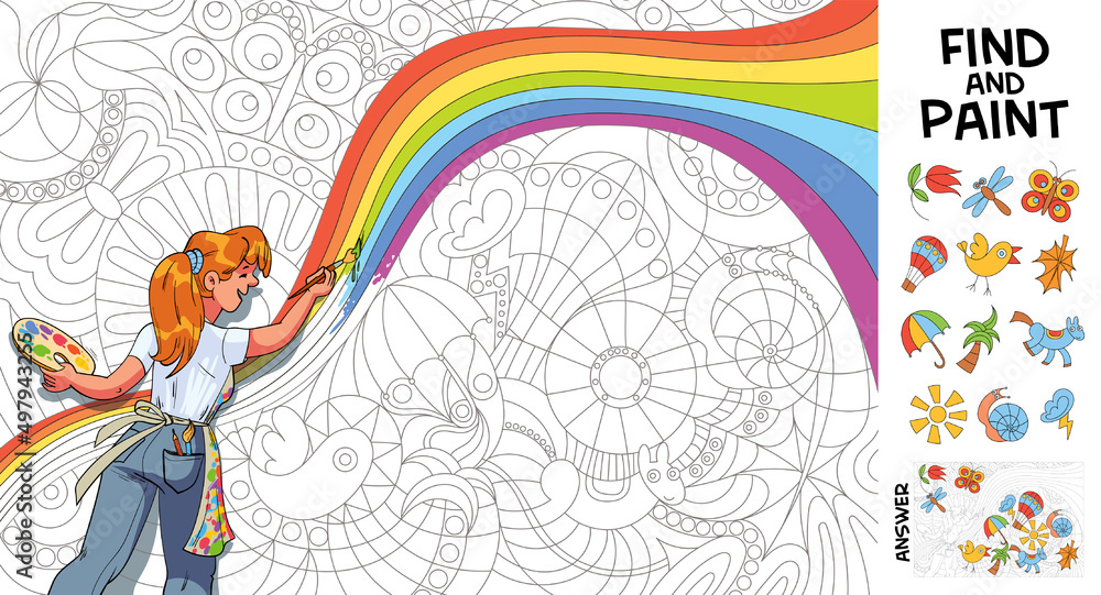 Vetor de Find and paint. Children puzzle. Kids coloring book. Girl ...