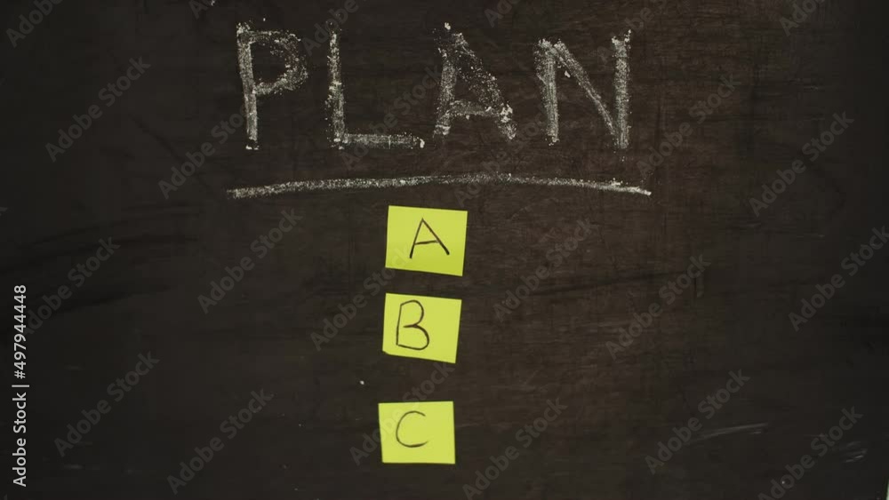 Persons hand draws word plan on blackboard with chalk and sticks ...