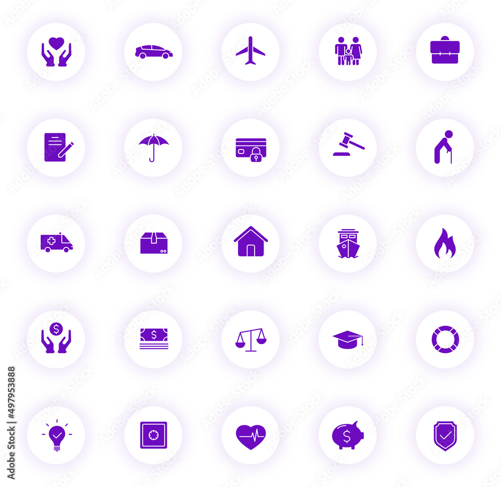insurance purple color vector icons on light round buttons with purple ...