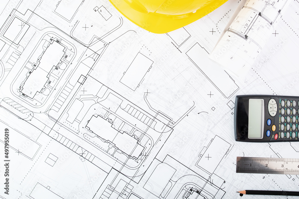 Paper architectural drawings and blueprint, interior design plans and ...