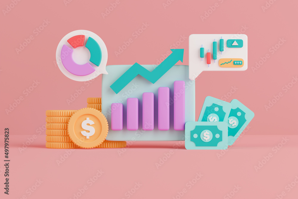 3d rendering concept stock market illustration. Up trend bar graph with ...