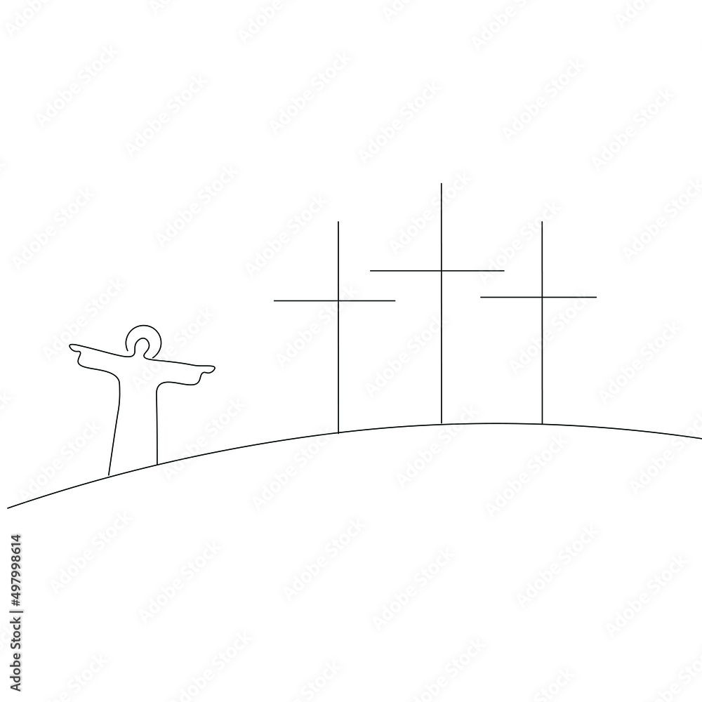 Jesus Christ on hill near cross line drawing vector illustration Stock ...