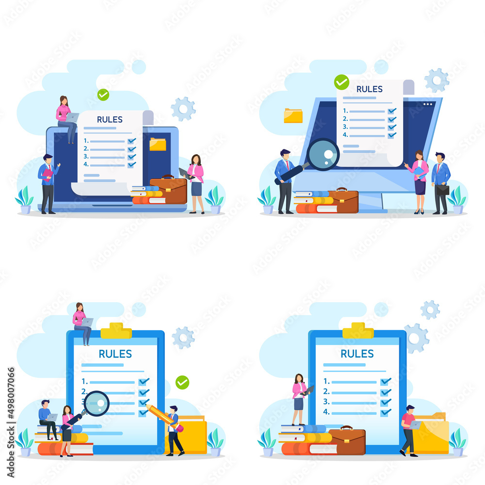 Business people studying list of rules, reading guidance, making ...