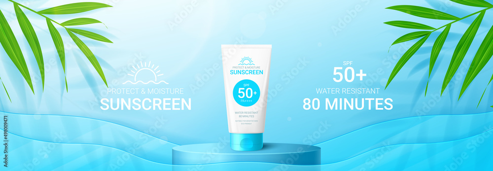 Sunscreen ad banner template. Banner with 3d tube of sunscreen on ...