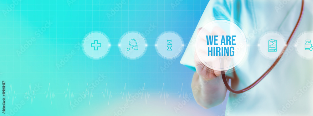 We are hiring. Doctor with stethoscope in focus. Icons and text on a ...