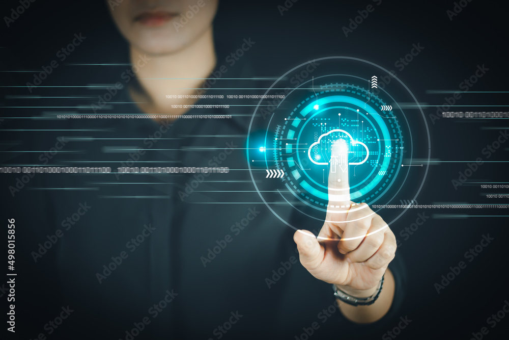 Businesswoman touching virtual monitor, cloud computer storage concept ...
