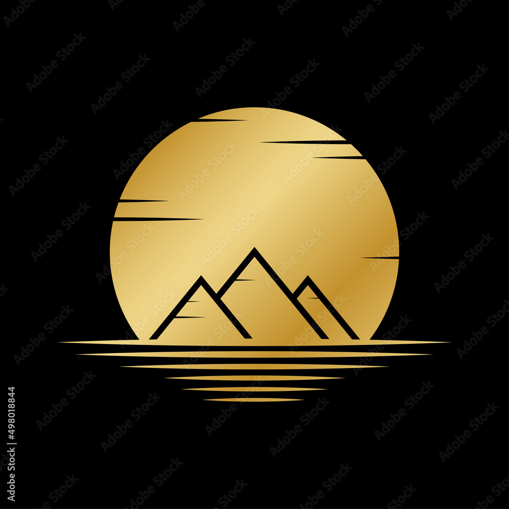 Egypt logo. Sunset and Pyramid on black background. Gold icon. Egyptian ...