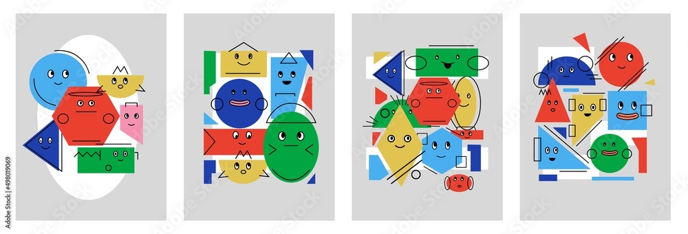 Posters with geometric characters. Abstract figures with funny faces ...