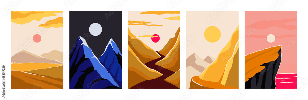 Abstract mountain posters. Minimalistic landscape with rivers and cliff ...