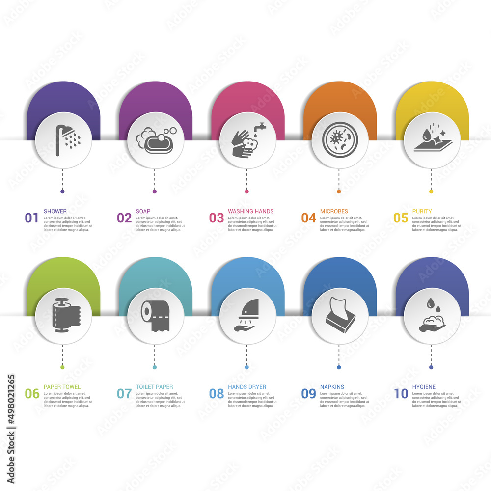 Infographic Hygiene template. Icons in different colors. Include Shower ...