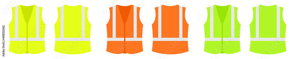 Road vest with reflective stripes. Set of safety vest : green, orange ...