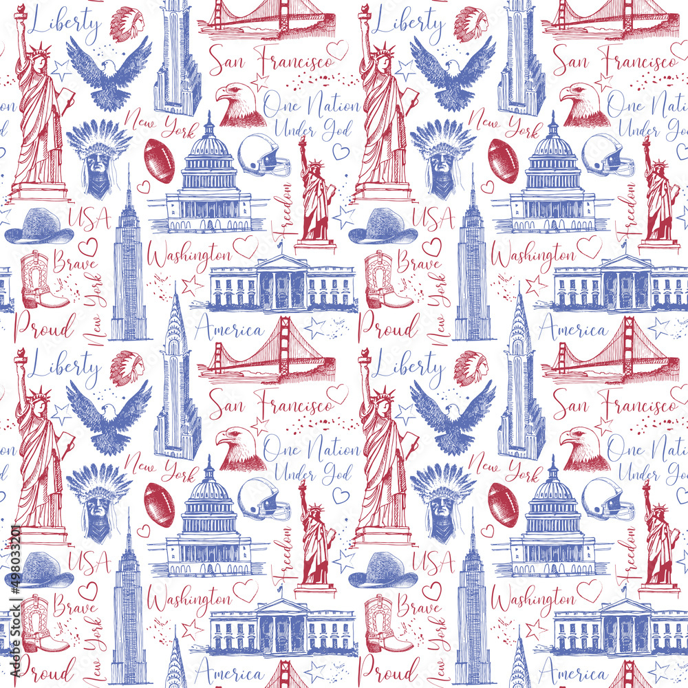 United states of america country theme symbols seamless pattern. Retro ...