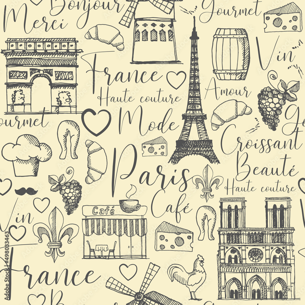 Seamless retro style background with symbols of Paris and France and ...