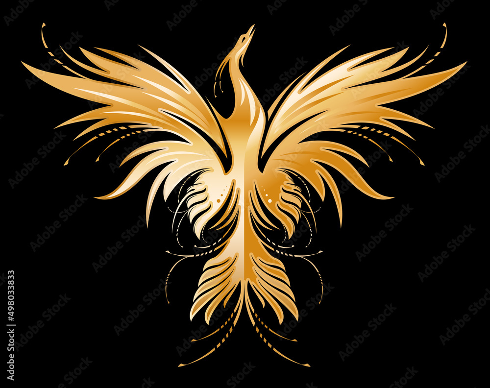 Stylized image of golden Phoenix silhouette on dark blue background ...