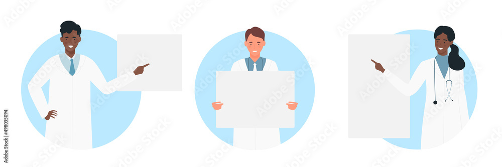 Set of doctors showing health data analysis results. Medical patient ...