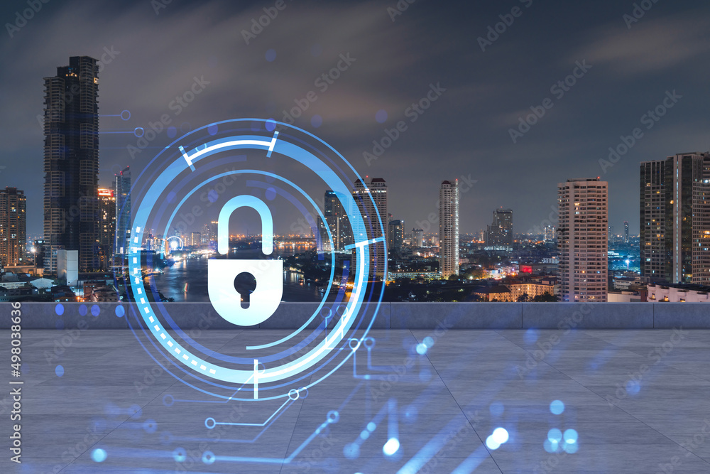 Rooftop with concrete terrace, Bangkok night skyline. Cyber security ...
