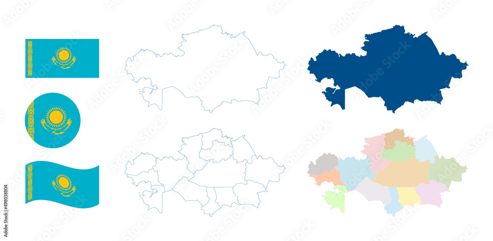Kazakhstan map. Detailed blue outline and silhouette. Administrative ...