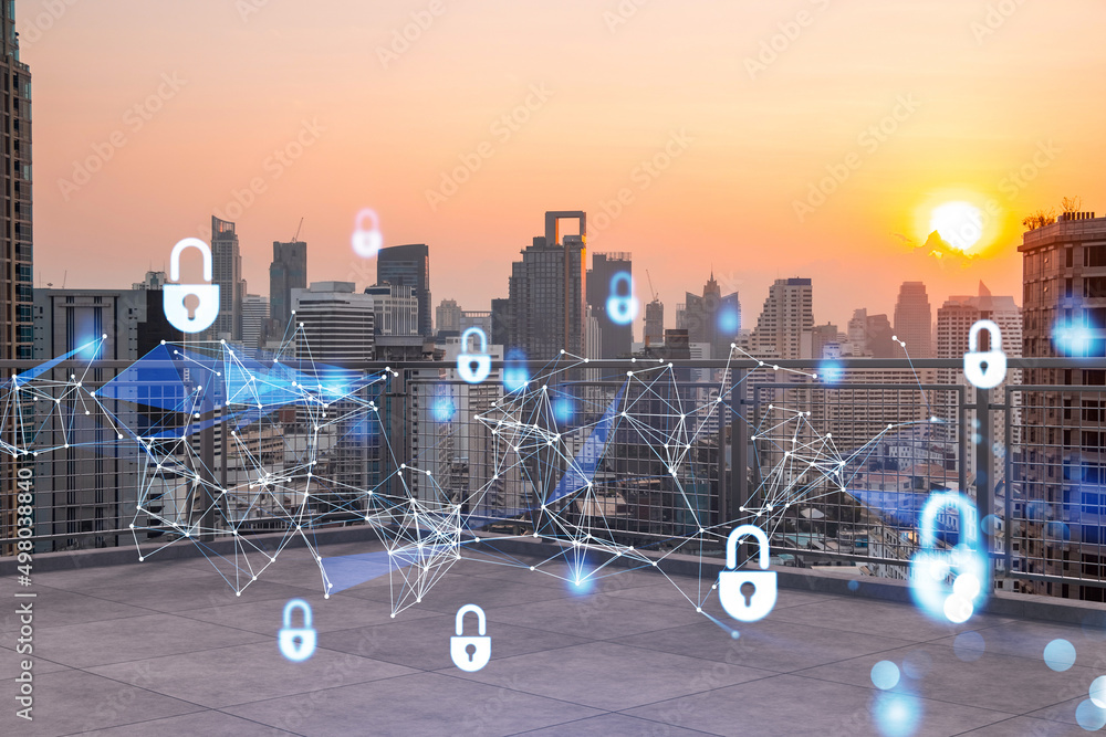 Rooftop with concrete terrace, Bangkok sunset skyline. Cyber security ...
