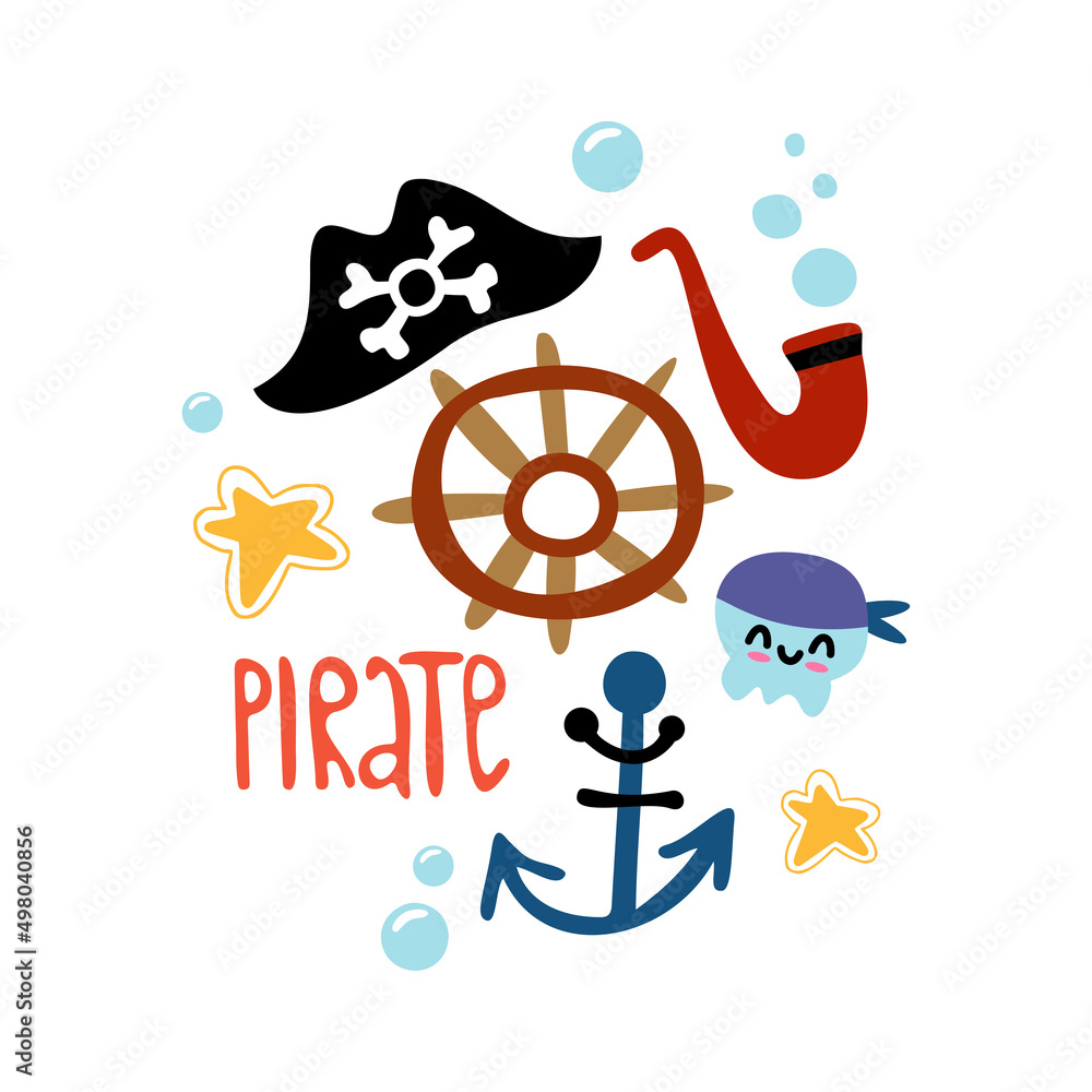 Cute kids pirate print. Hand-drawn funny vector clipart. Pirate hat ...