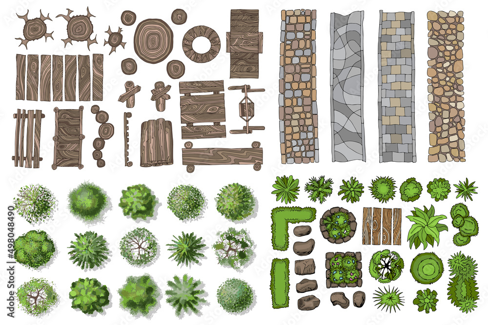 Vector set for landscape design. Outdoor furniture, pavements ...