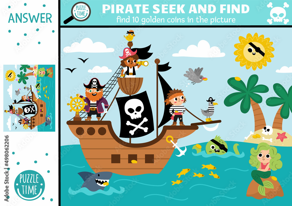 Vector pirate searching game with sea landscape. Spot hidden coins in ...