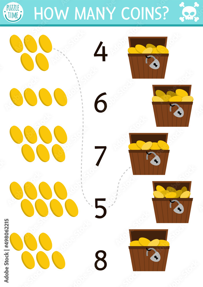Match the numbers pirate game with treasure chest and golden coins ...
