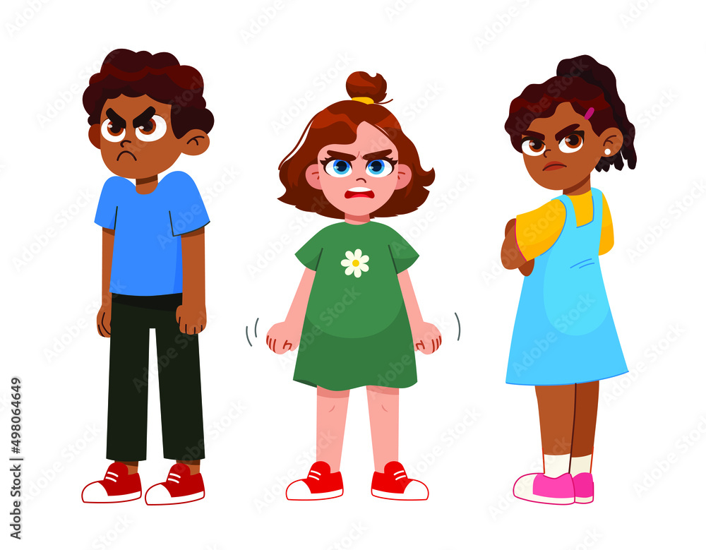 child emotions set. a very angry children, girls and boy standing in a ...
