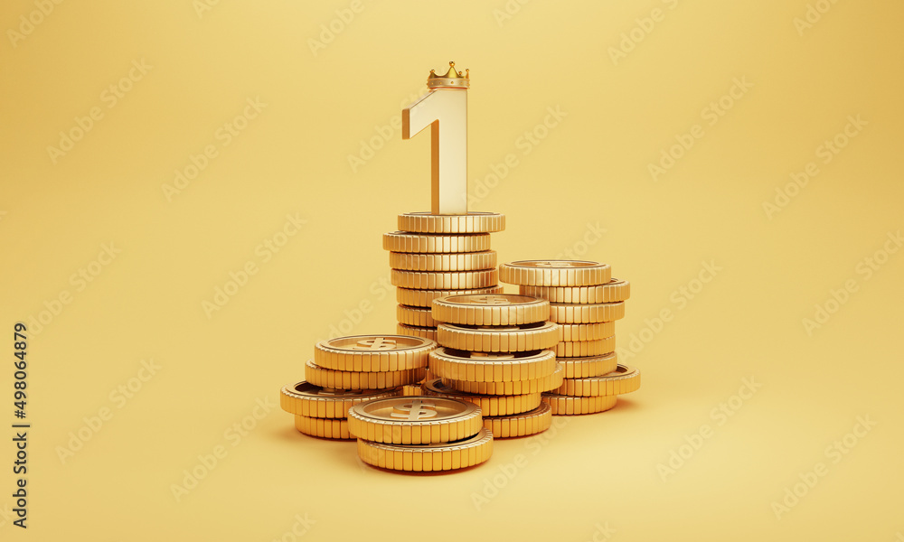 Golden number one with gold crown on coin stacking for the richest from ...