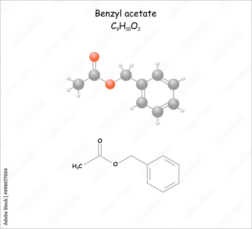 Stylized molecule model/structural formula of benzyl acetate. Use as ...