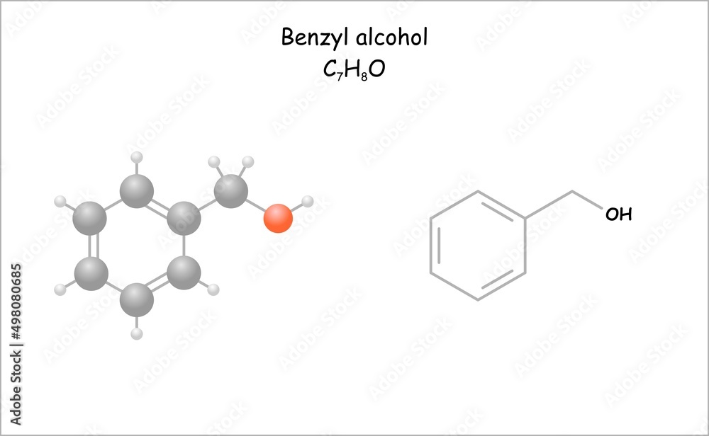 Stylized molecule model/structural formula of benzyl alcohol. Use as ...