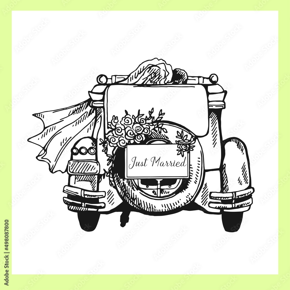 Abstract hand drawn sketch style wedding car isolated on white ...