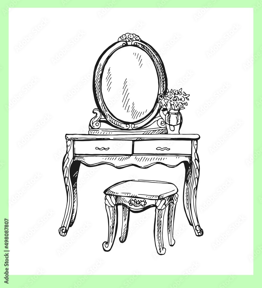 Hand drawn sketch style vintage dressing table isolated on white ...