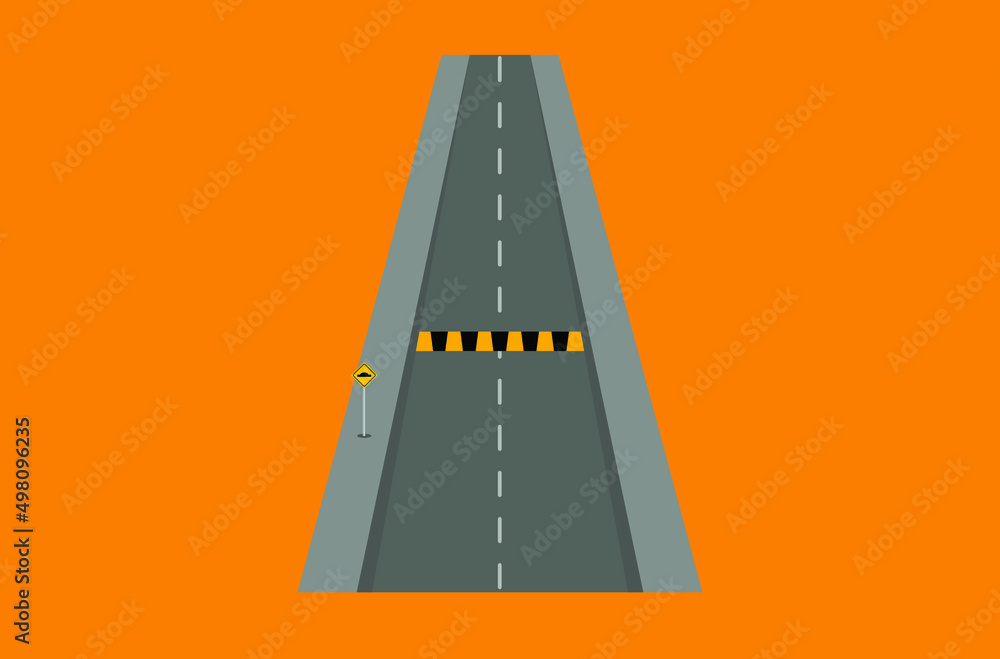 car road with speed bump and yellow road sign speed bump on the side ...