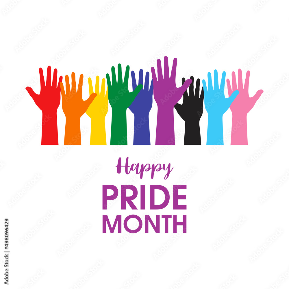 Happy Pride Month Poster with rainbow hands up icon vector. Raised ...
