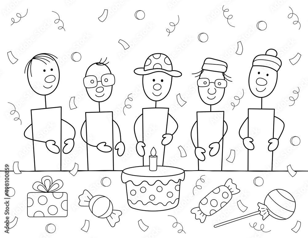 group of five friends drawing. stick figures at a birthday party. you ...