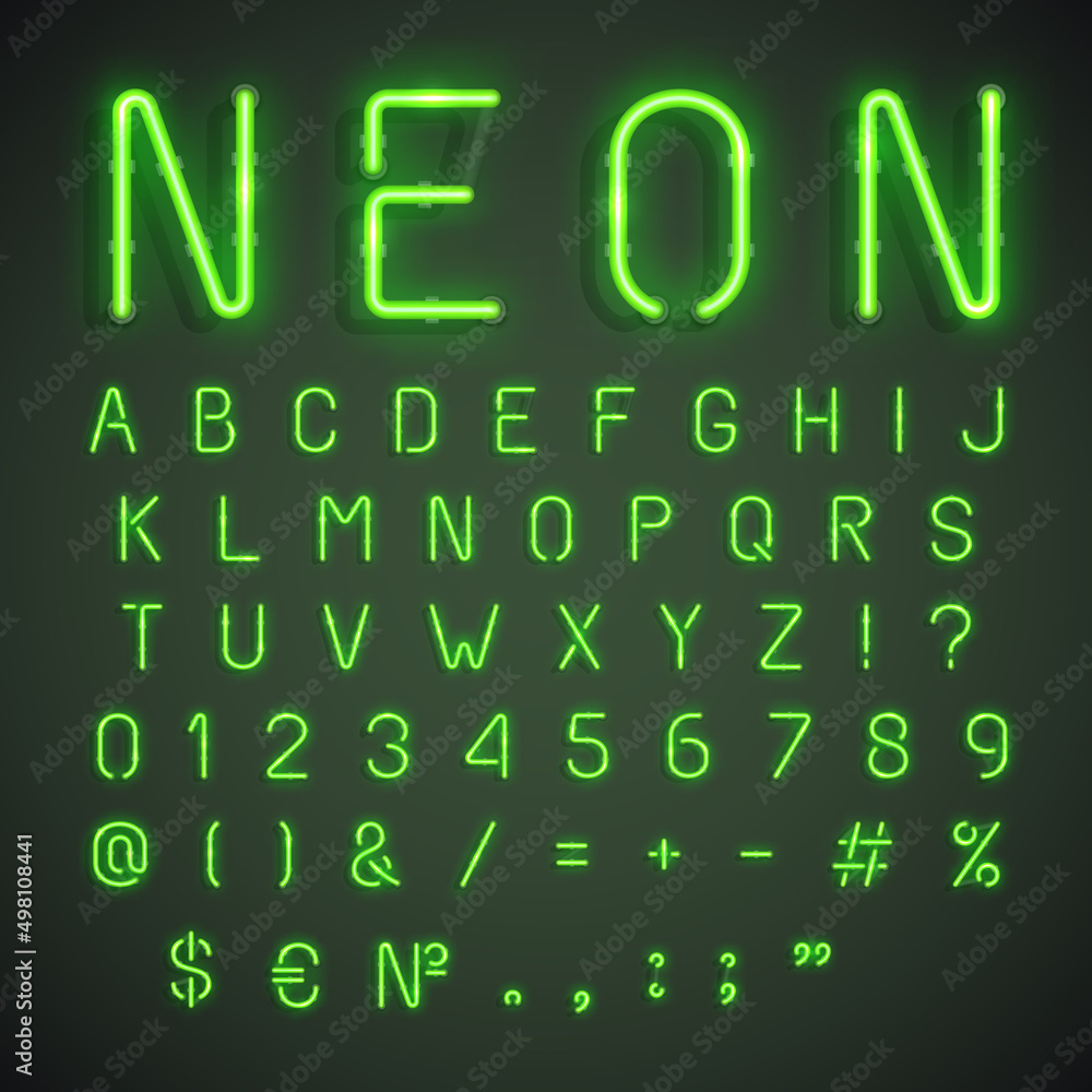 Green Neon Latin Alphabet, Capital Letters, Numbers and Symbols, ‘On ...
