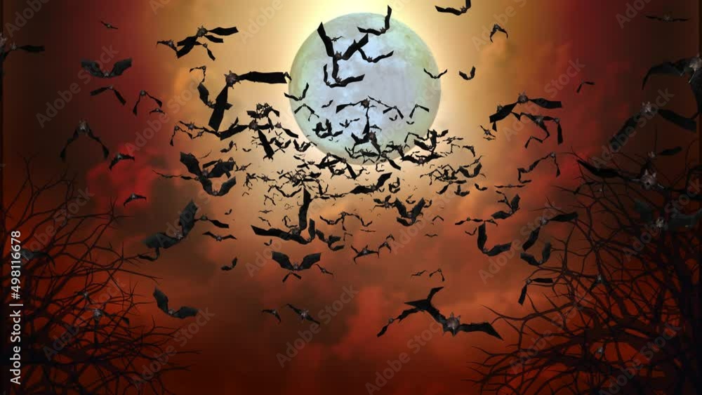 4K Flying bats Halloween bright full moon and old castle silhouette ...