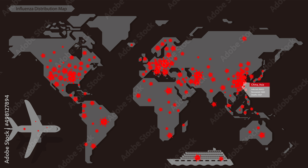 World influenza epidemic chart, map of the world, vector background ...