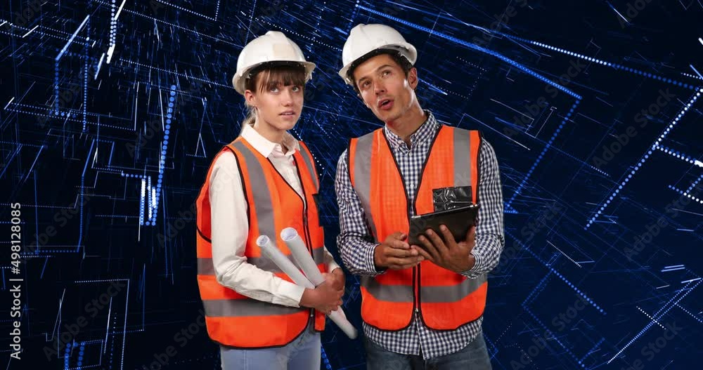 Animation of diverse female and male engineers over light trails on ...