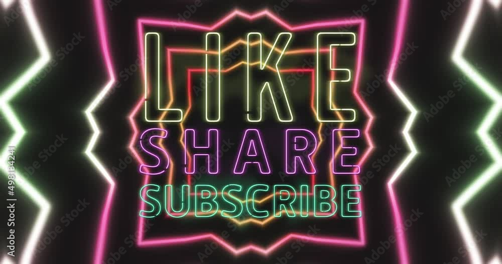 Animation of like, share, subscribe over neon lights on black ...
