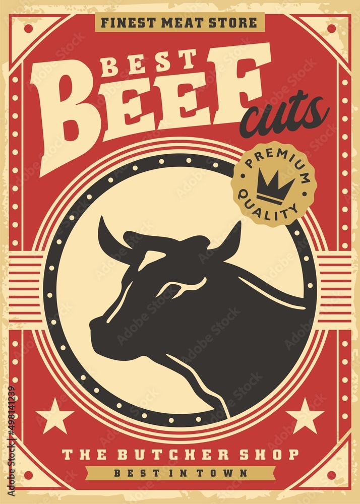 Best beef meat cuts and chops promotional poster design with bull or ...
