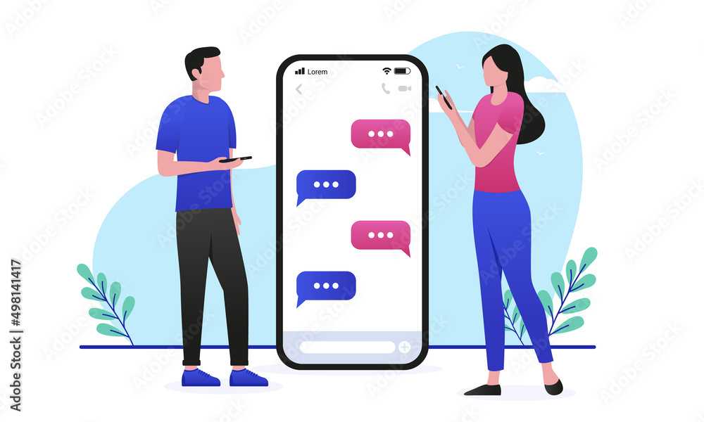 People text message - Man and woman sending texts on phone. Flat design ...