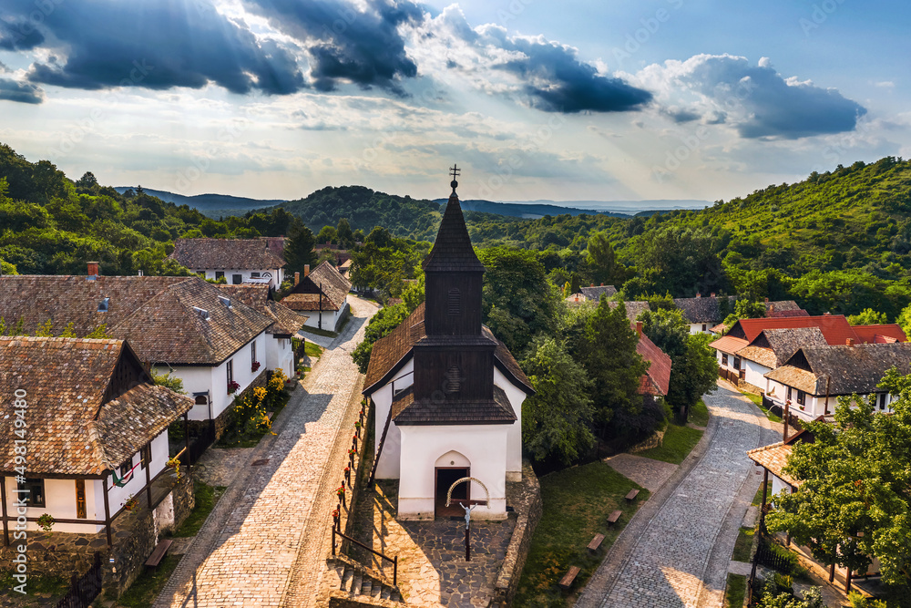Poster Holloko, Hungary - Aerial view of the traditional village centre ...