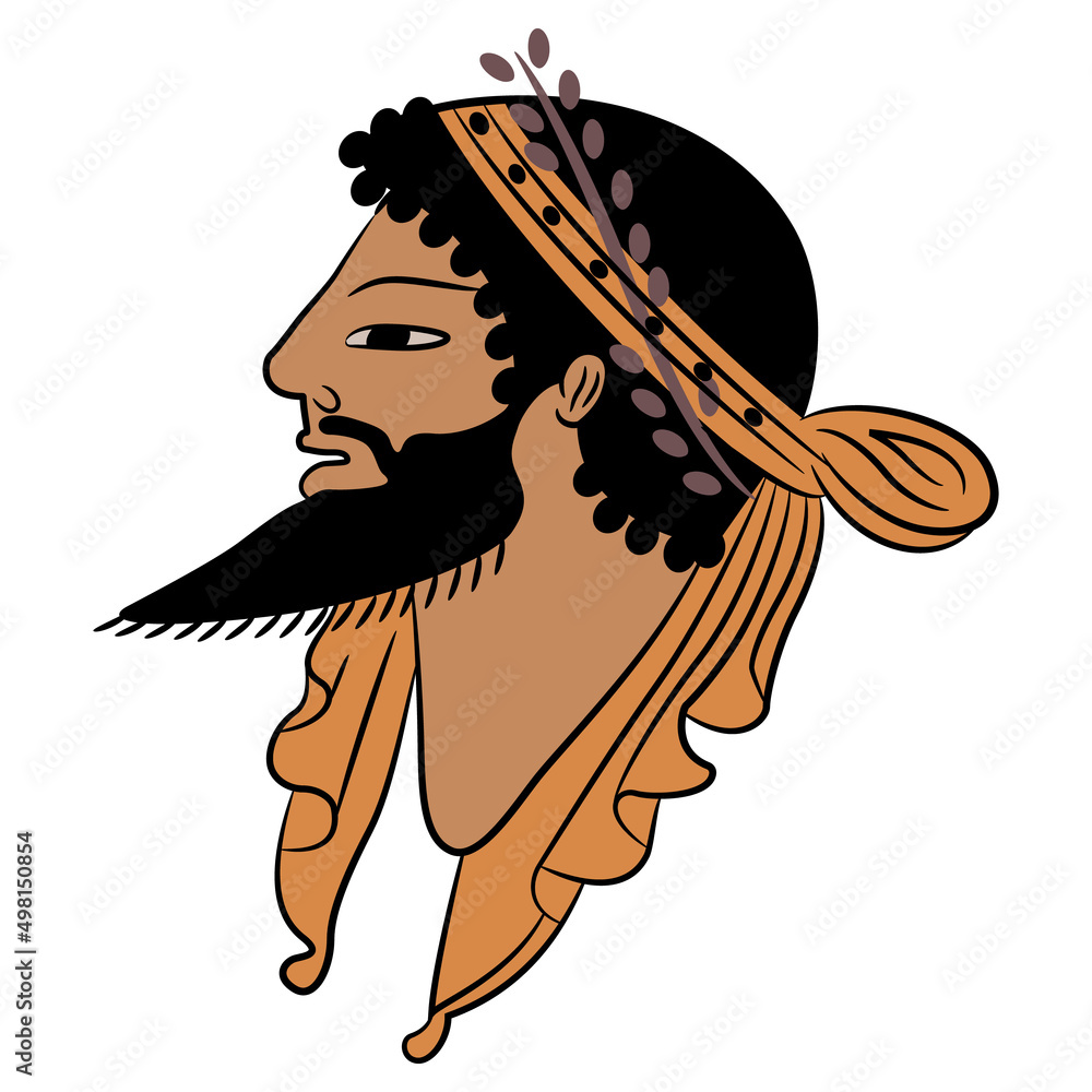 Head of a handsome bearded ancient Greek man in laurel wreath. Vase ...