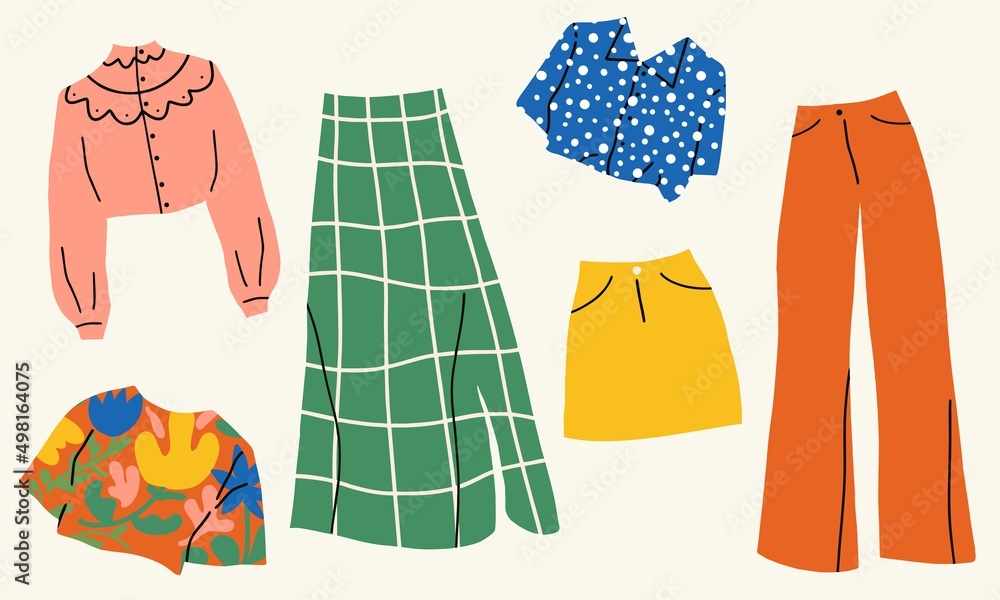 Set of trendy casual and formal outfits. Clothes in hipster or ...