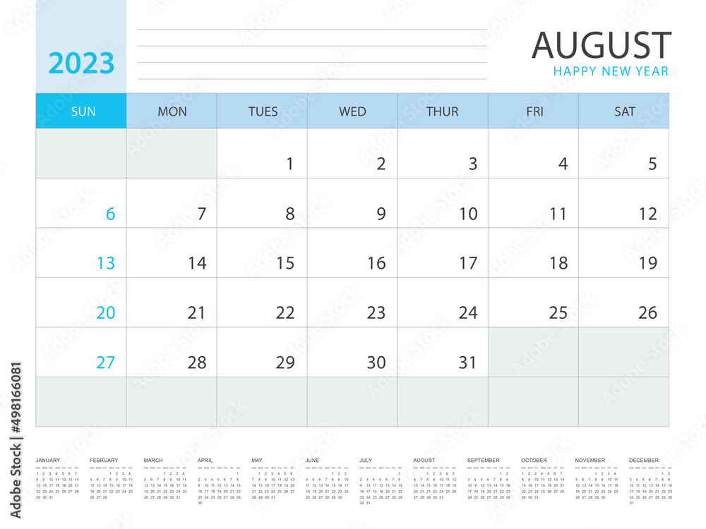 Calendar 2023 year template, August layout design, Planner simple, Desk ...