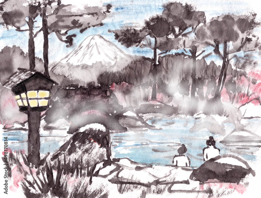 japanese traditional hot spring onsen bath with view of mount fuji ...